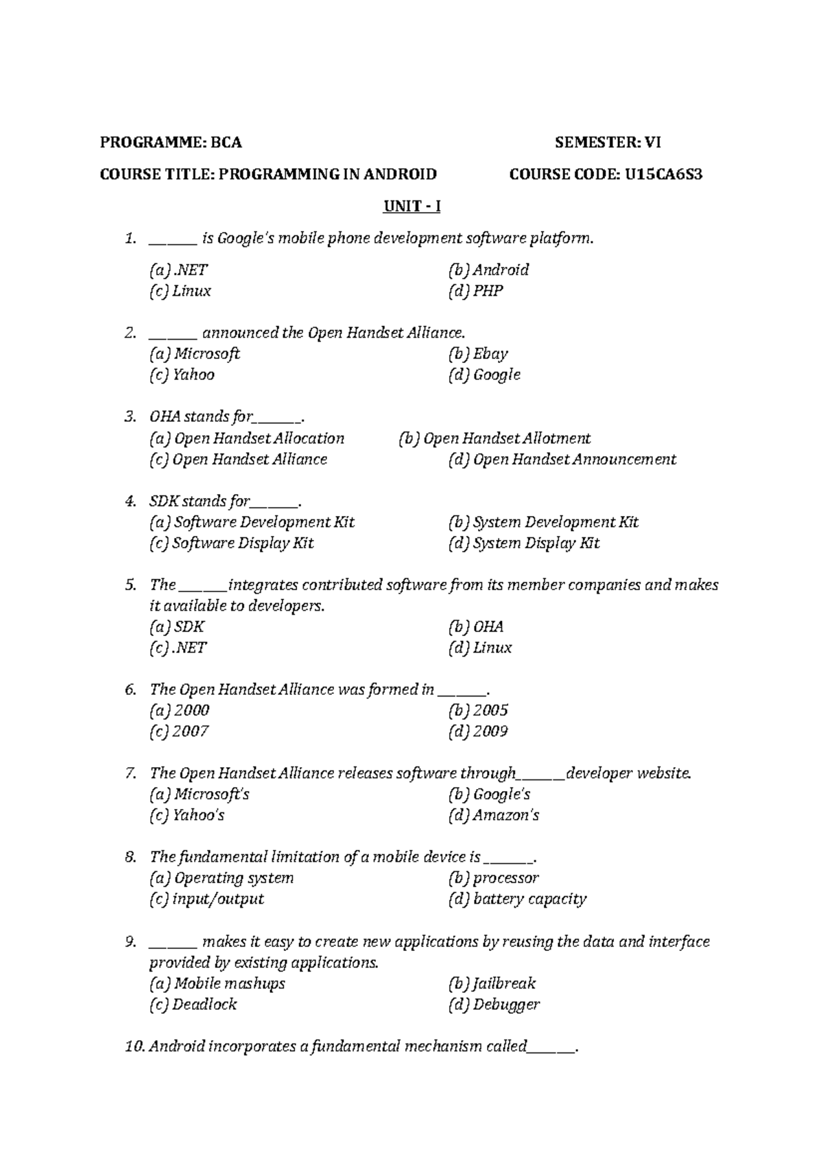 Android MCQ - Learning - PROGRAMME: BCA SEMESTER: VI COURSE TITLE ...