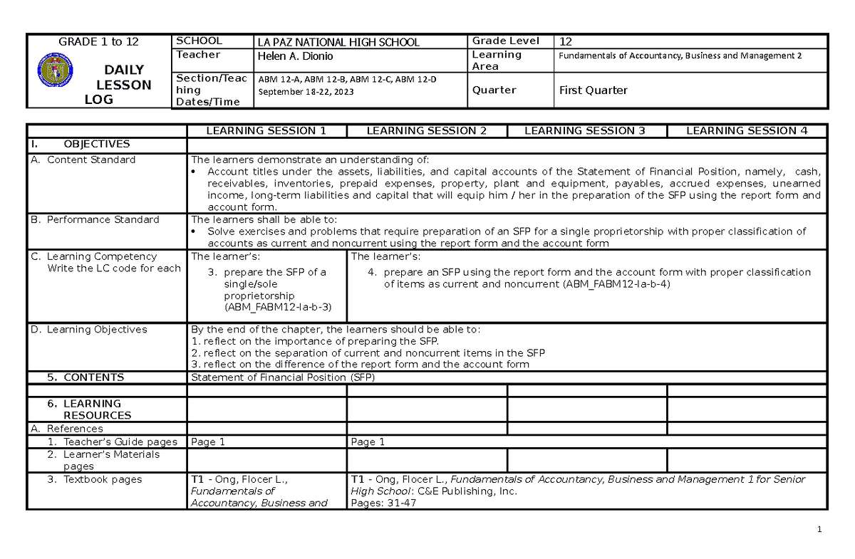 September 18-22, 2023 - Daily lesson log - GRADE 1 to 12 DAILY LESSON ...