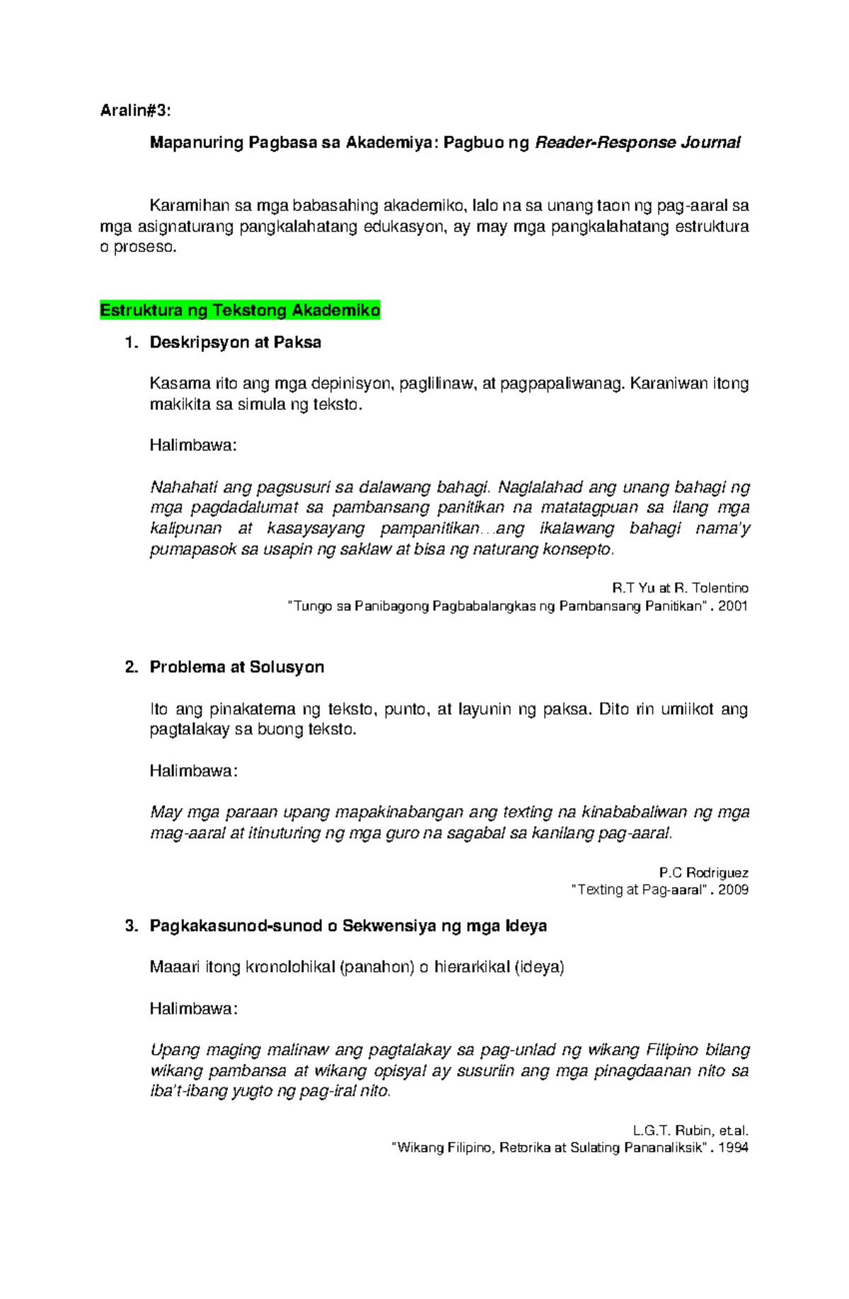 Aralin#2 - Mapanuring Pagbasa sa Akademiya - Aralin#3: Mapanuring ...