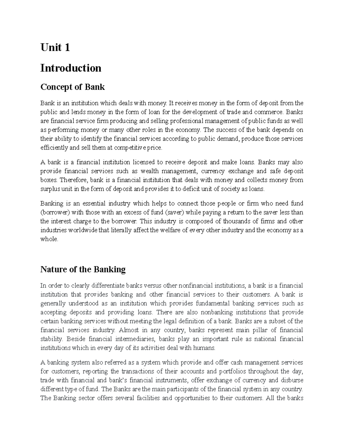 Unit-1-introduction - banking law - Unit 1 Introduction Concept of Bank ...