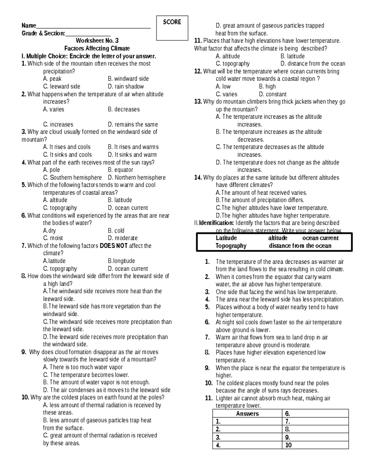 2019-20 worksheet 3 - FACTORS AFFECTING CLIMATE - Name