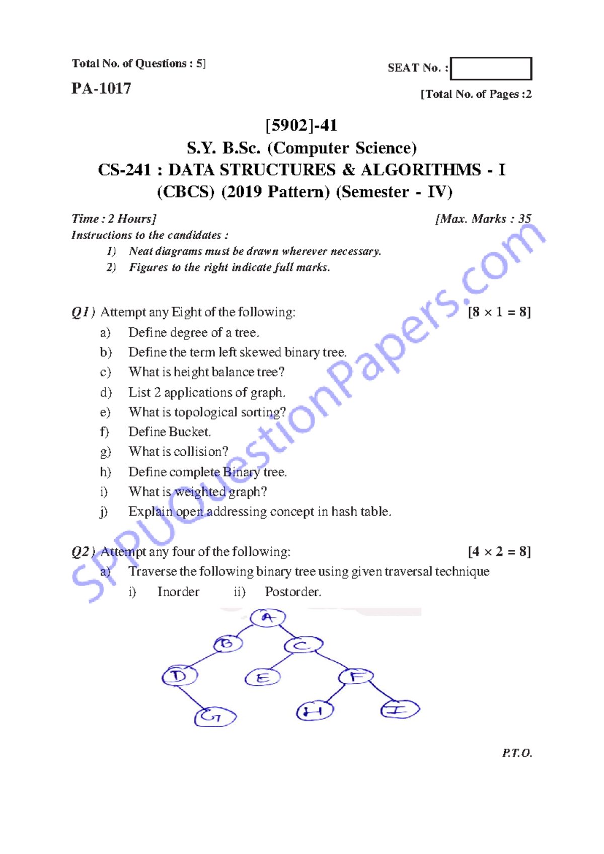 Bsc Computer Science Cs Semester 4 2022 November Data Structures And Algorithms Ii 2019 Pattern