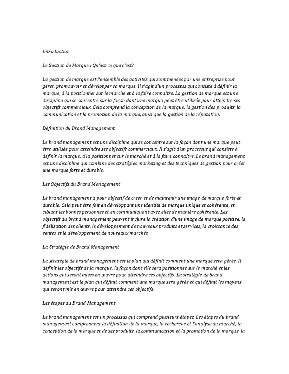 Brand Management note study - Introduction Le Gestion de Marque : Qu ...