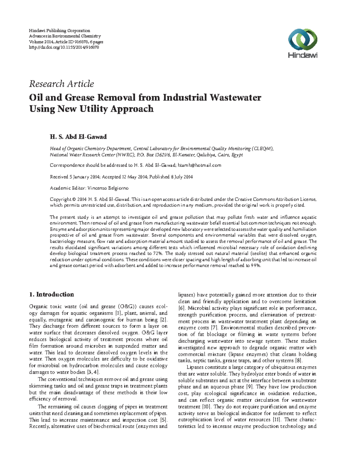 Oil and Grease Removal from Industrial Wastewater - Research Article ...