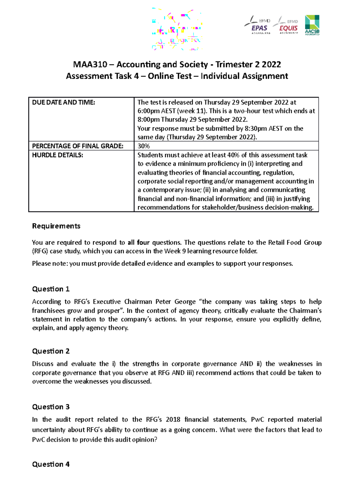T2 2022 MAA310 Assessment task 4 Questions - MAA310 – Accounting and ...