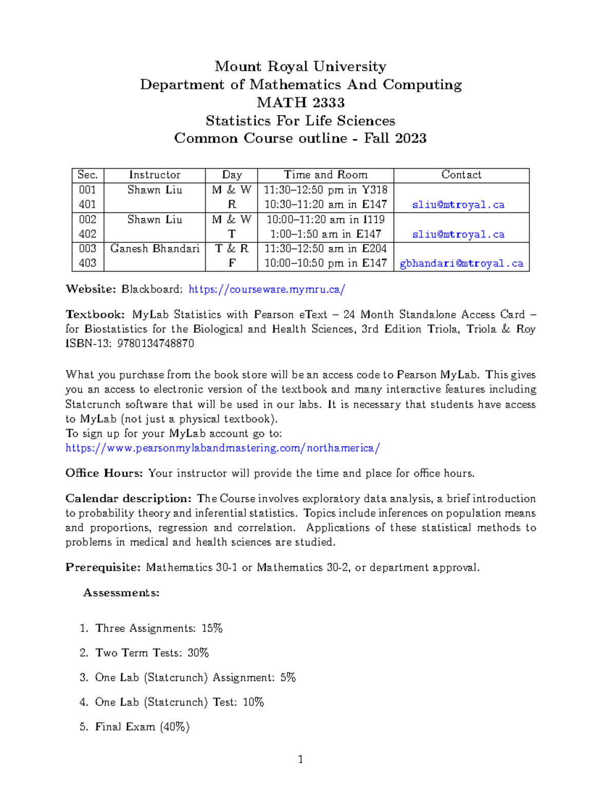 Course Outline Math 2333 Fall2023 - Mount Royal University Department ...