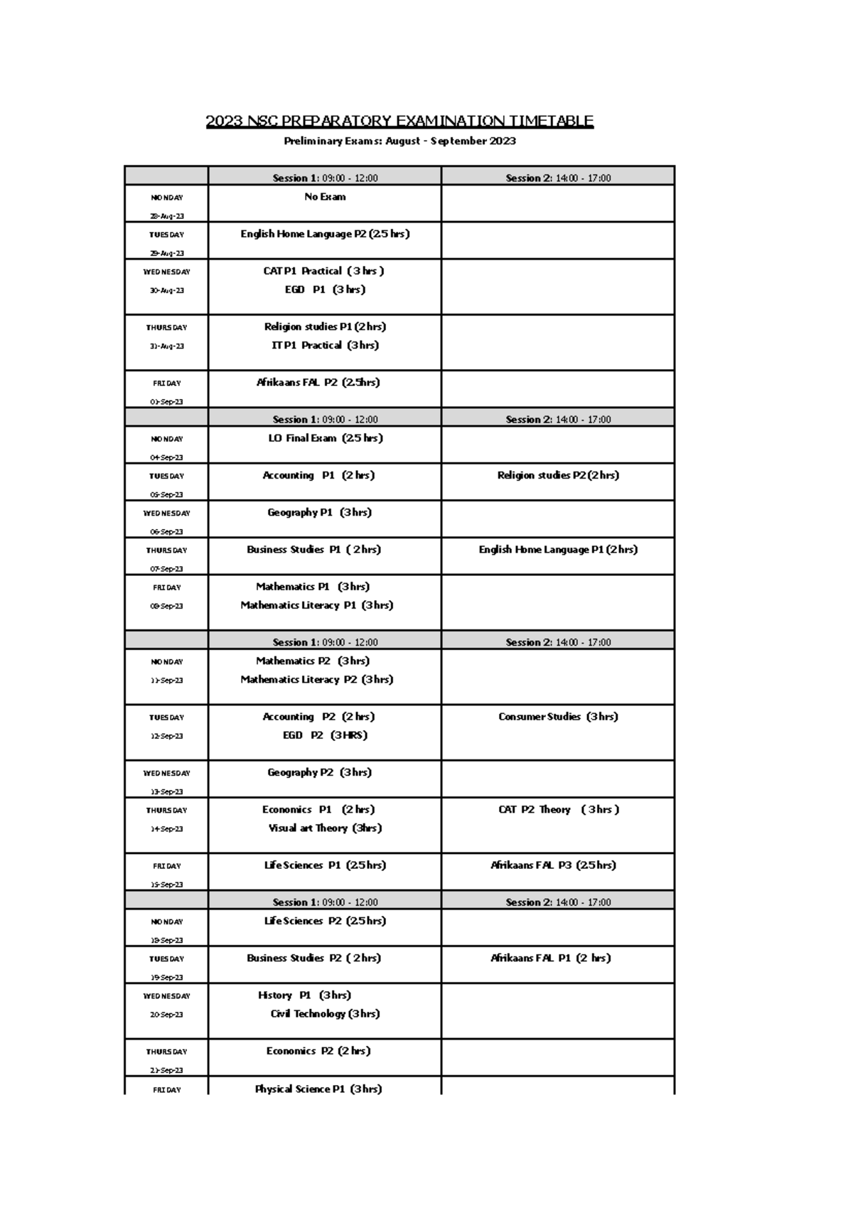 Prelims-Timetable-2023 - Session 1: 09:00 - 12:00 Session 2: 14:00 - 17 ...