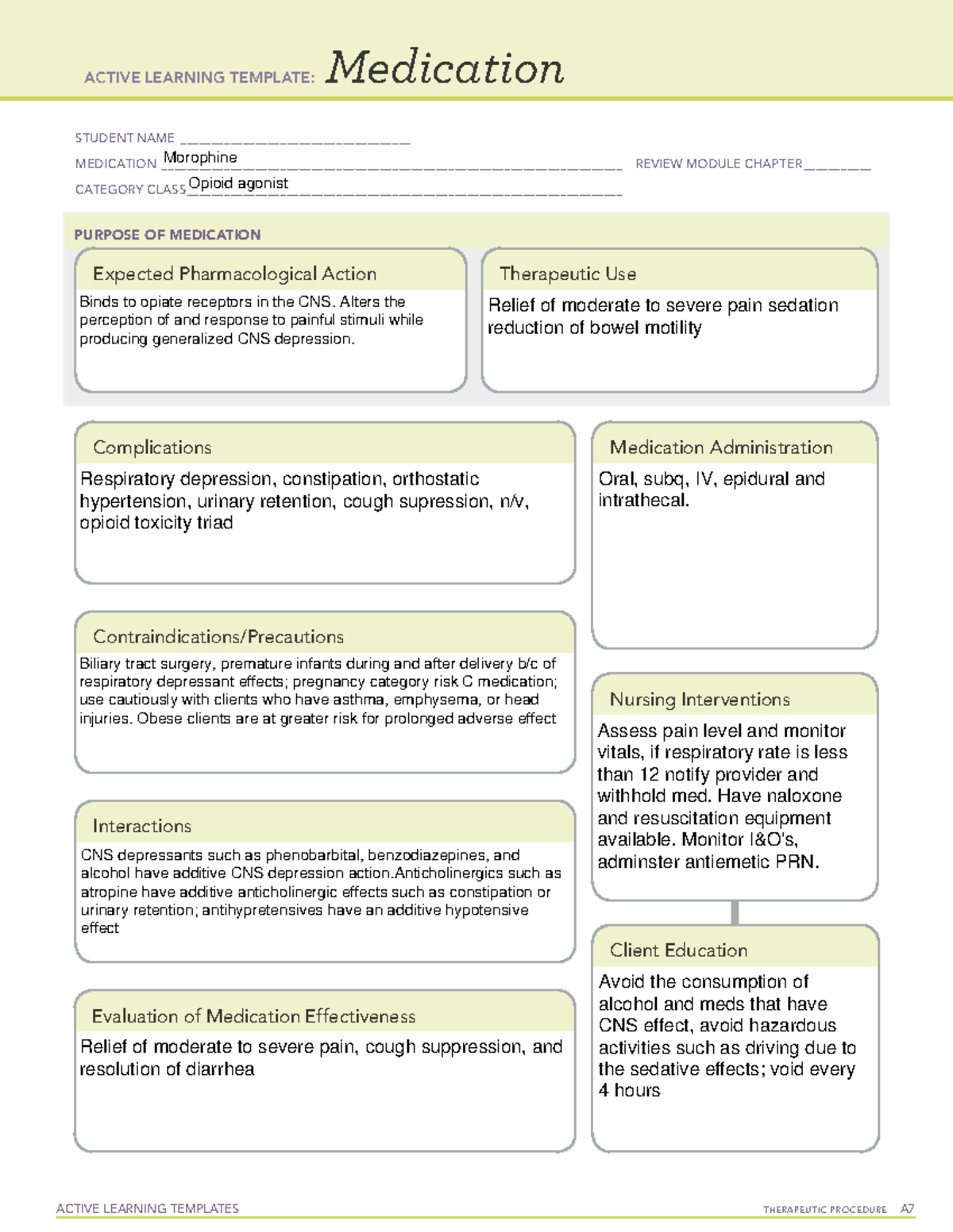 Morophine - ATI Med template - ACTIVE LEARNING TEMPLATES TherapeuTic ...