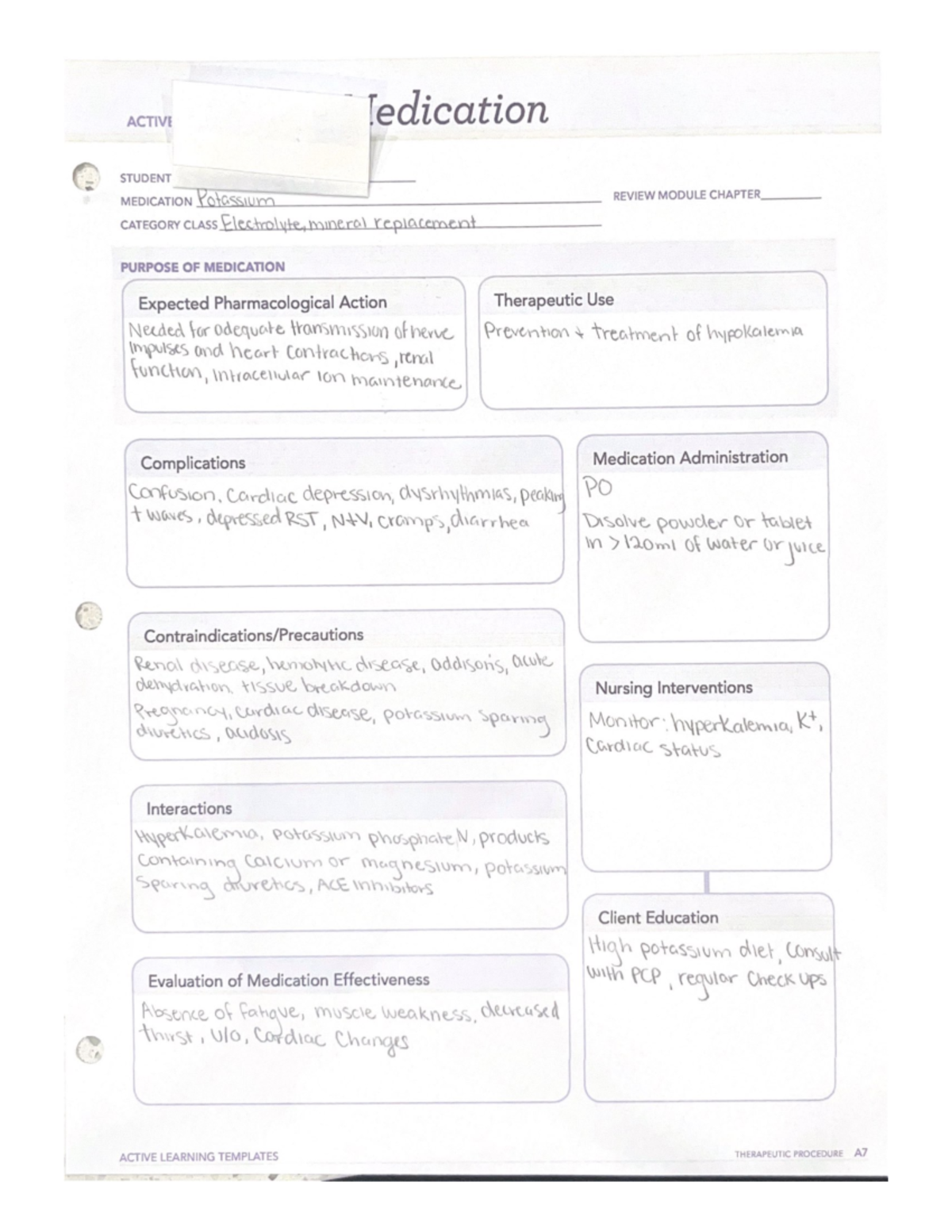 Student 2 - potassium med card - ACTIVE edication STUDENT MEDICATION ...