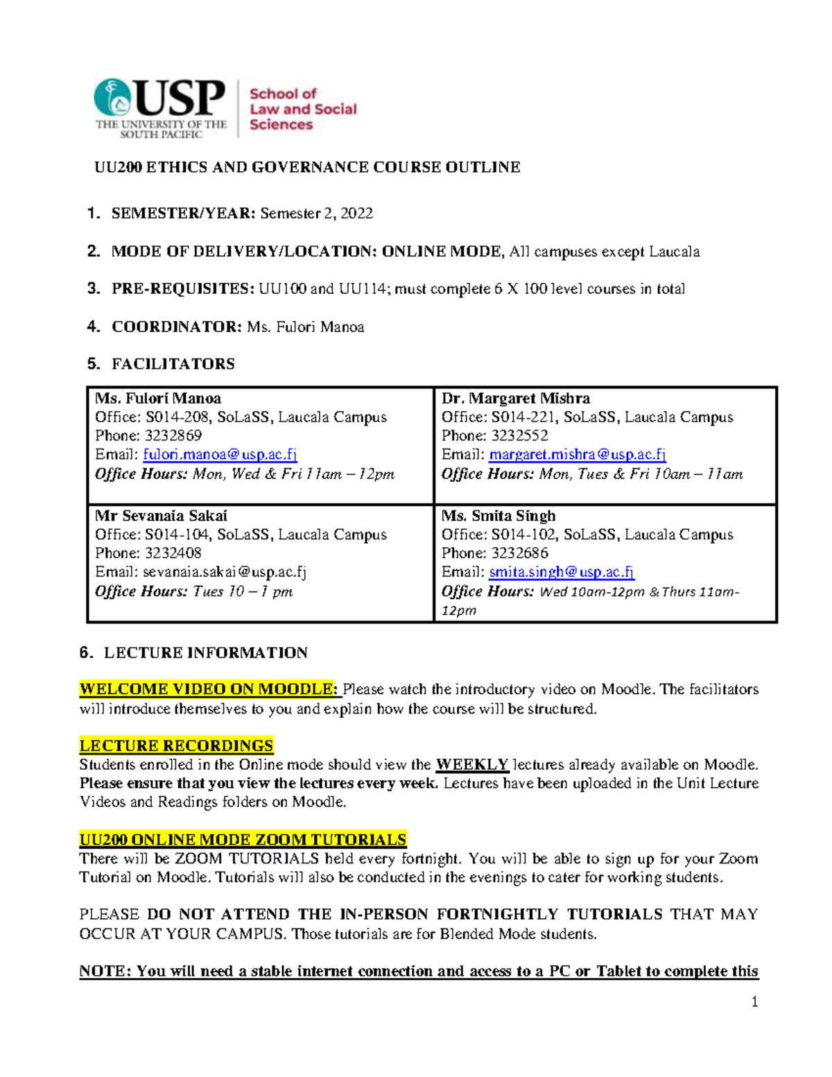 UU200 Online Mode Course Outline, Semester 2, 2022 updated August 31 ...
