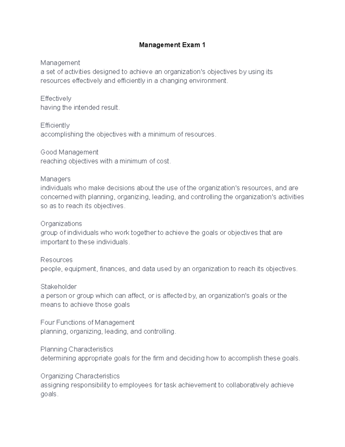 Management Exam 1 Notes - Management Exam 1 Management a set of ...