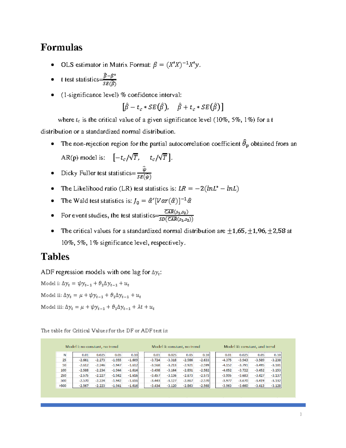 Formulas and Tables - formel - 1 Formulas OLS estimator in Matrix ...