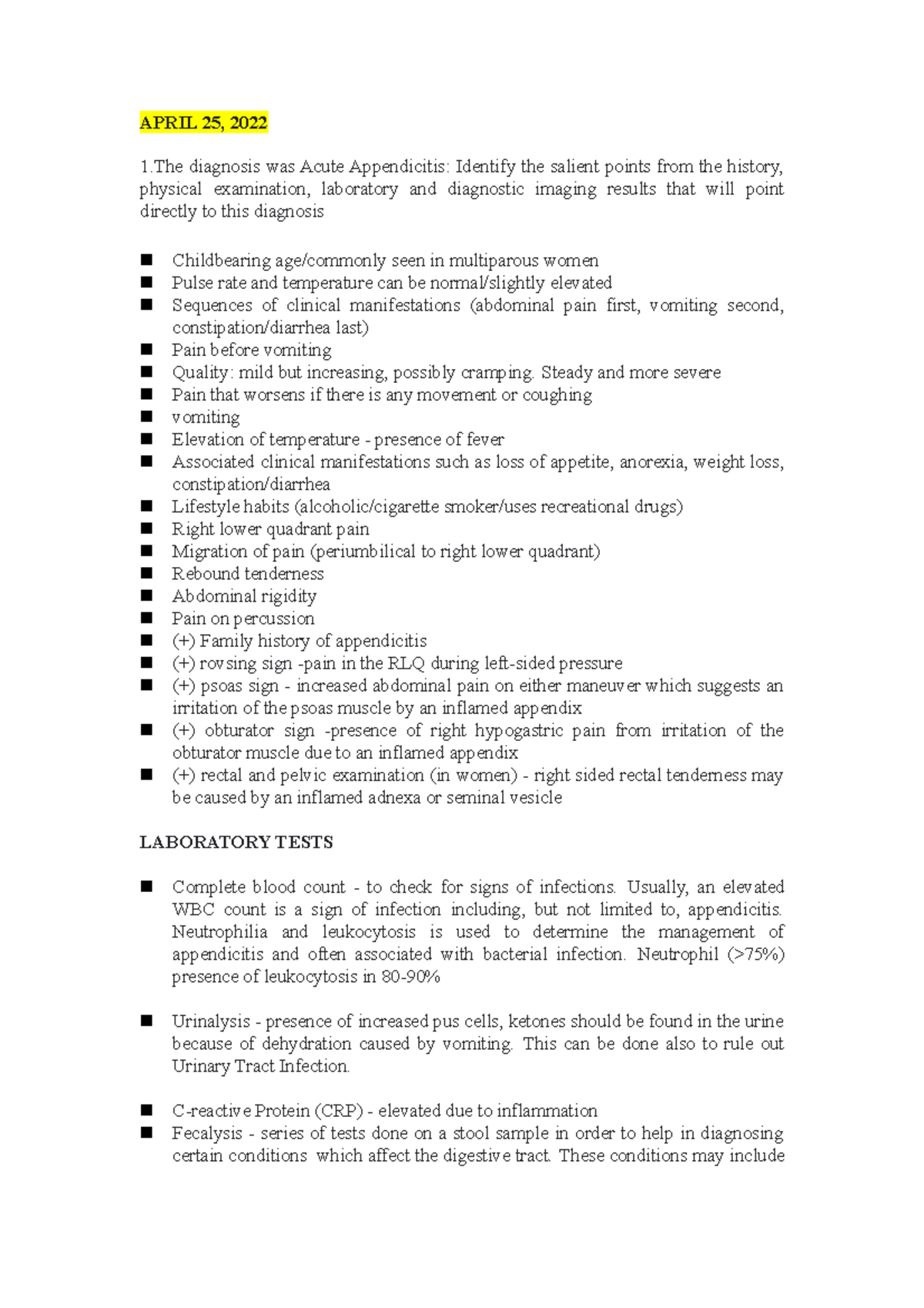 CASE 2- Acute Appendicitis - APRIL 25, 2022 1 diagnosis was Acute ...