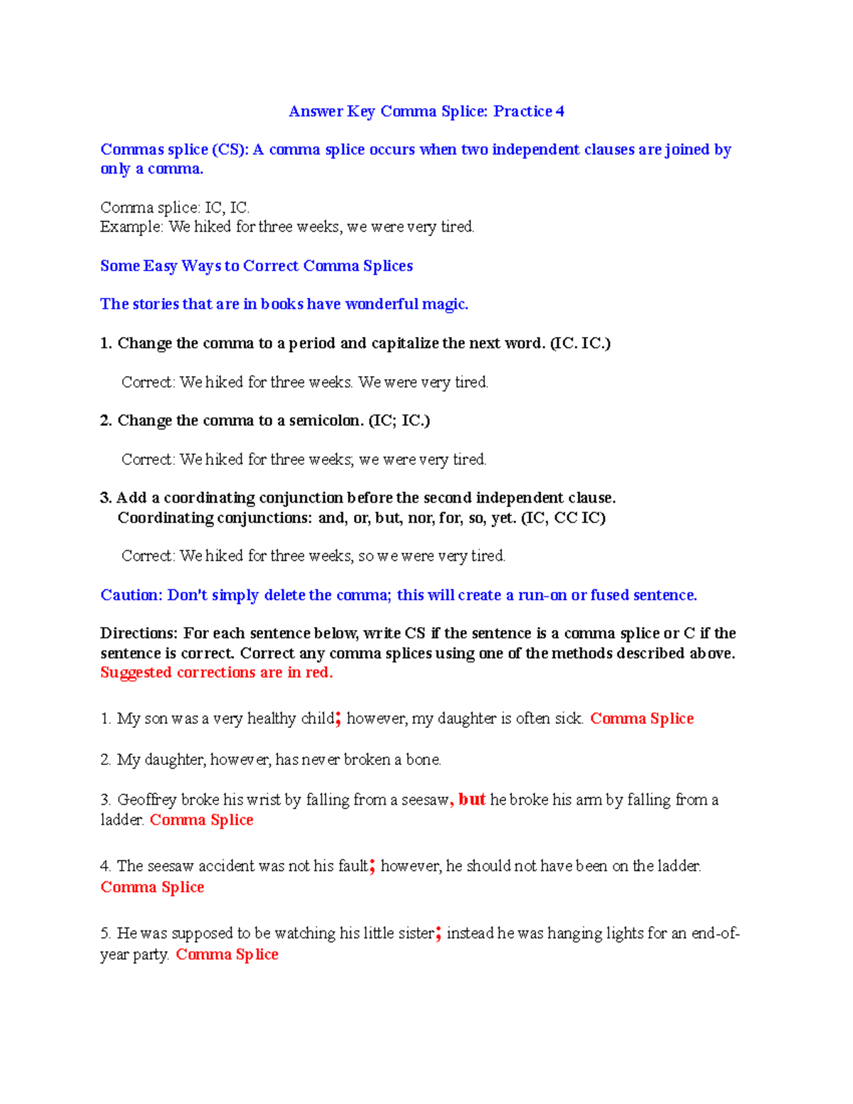 Comma Splice 4 Answer Key - Answer Key Comma Splice: Practice 4 Commas ...