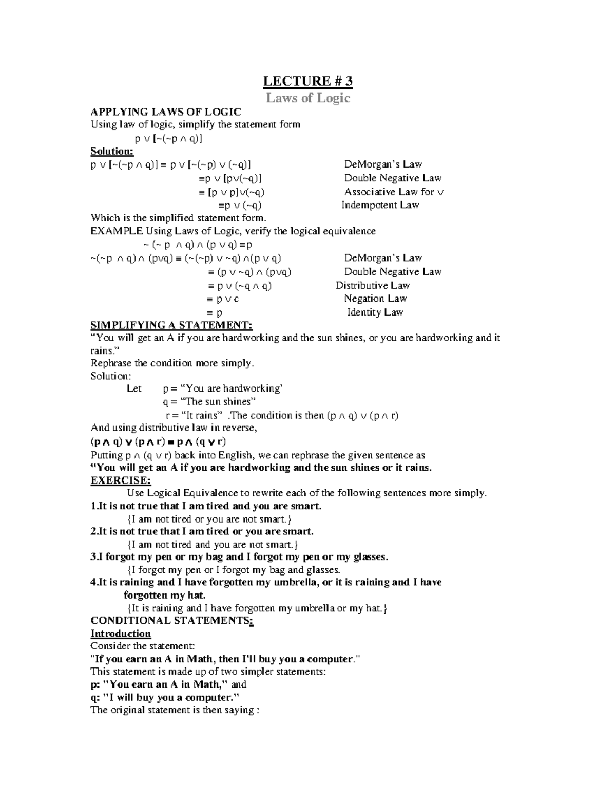 Lecture-03 - LECTURE # 3 Laws of Logic APPLYING LAWS OF LOGIC Using law of logic, simplify the ...