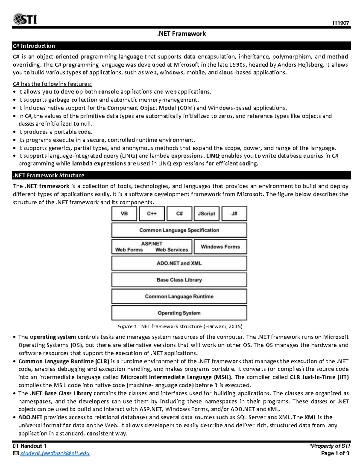 Comprog 1 - Lecture - IT 01 Handout 1 student@sti *Property of STI Page 1 of 3 C# Introduction ...
