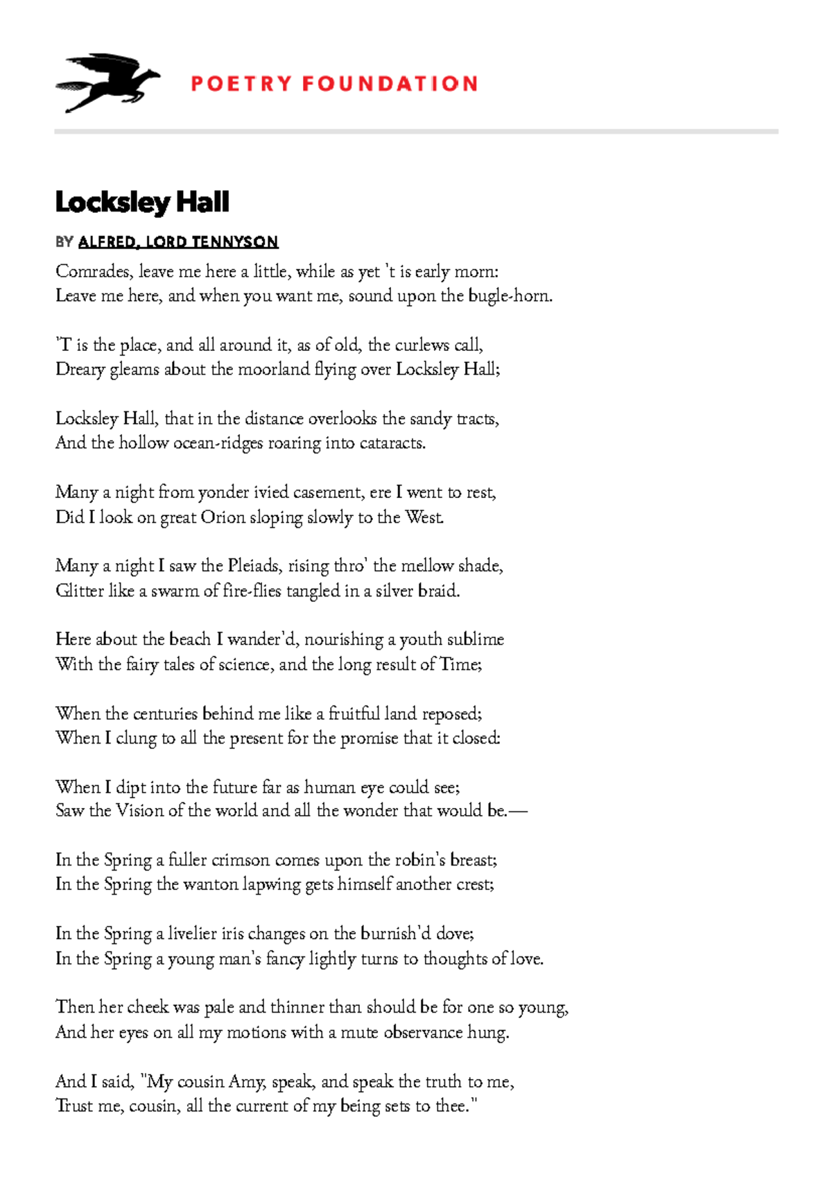 Locksley Hall by Alfred, Lord Tennyson Poetry Foundation - Locksley ...