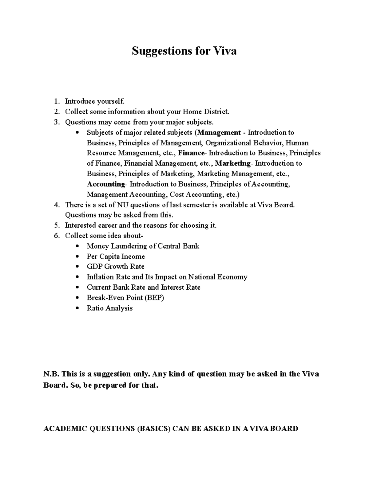 Possible Viva Questions - Suggestions for Viva 1. Introduce yourself. 2 ...