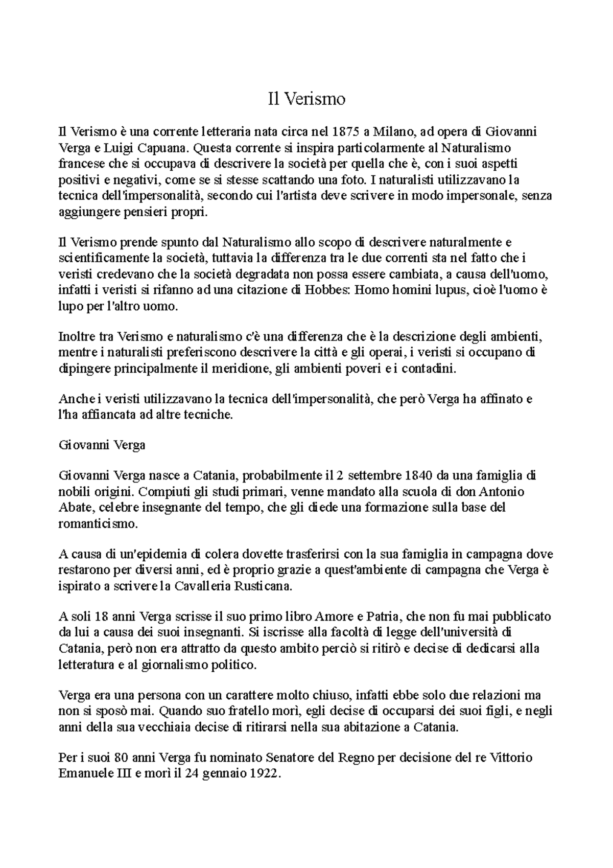 Verga - Riassunto LETTERATURA ITALIANA - Il Verismo Il Verismo è una corrente letteraria nata ...