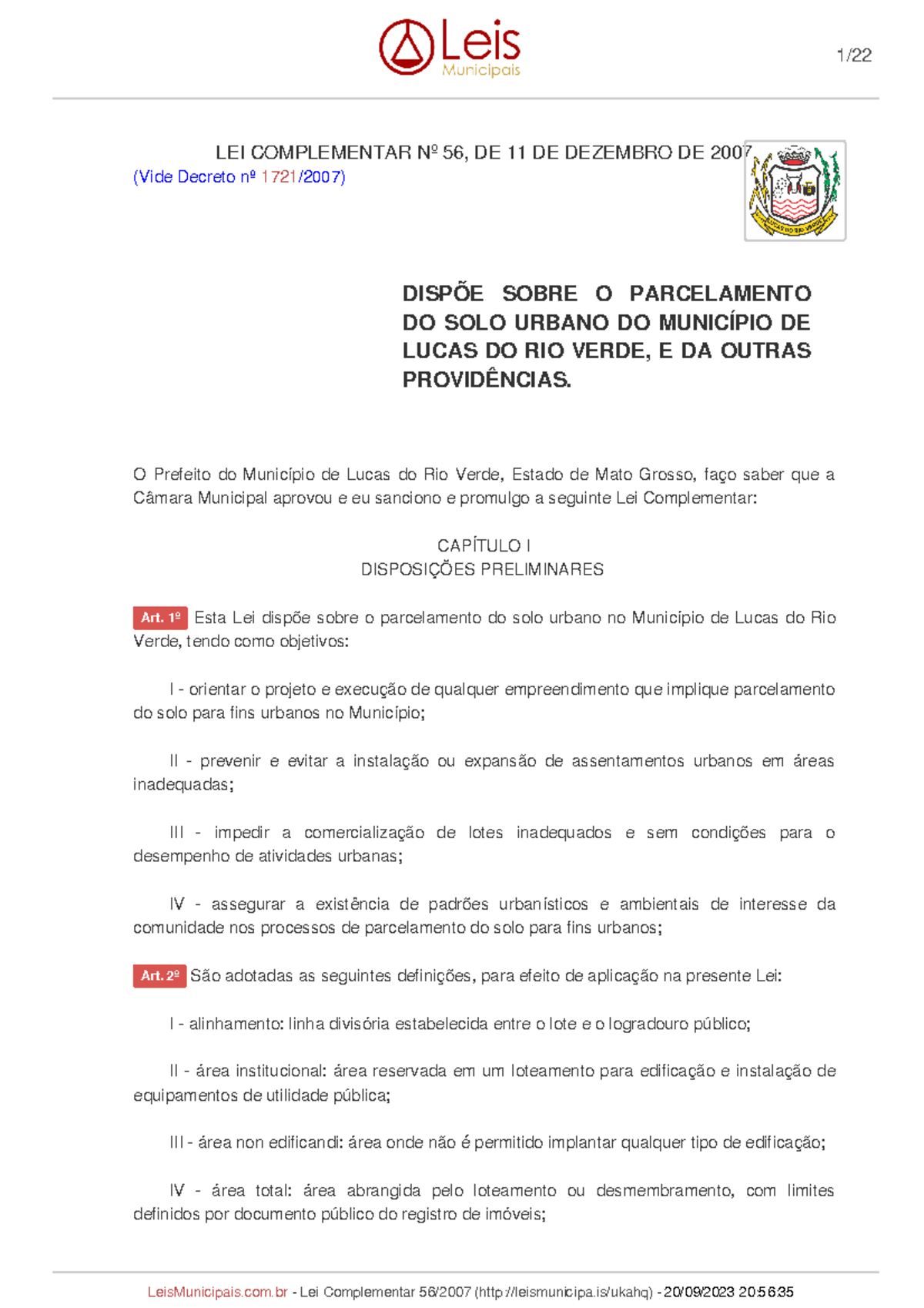 Parcelamento do Solo Urbano - Lucas do Rio Verde - LEI COMPLEMENTAR Nº 56, DE 11 DE DEZEMBRO DE ...