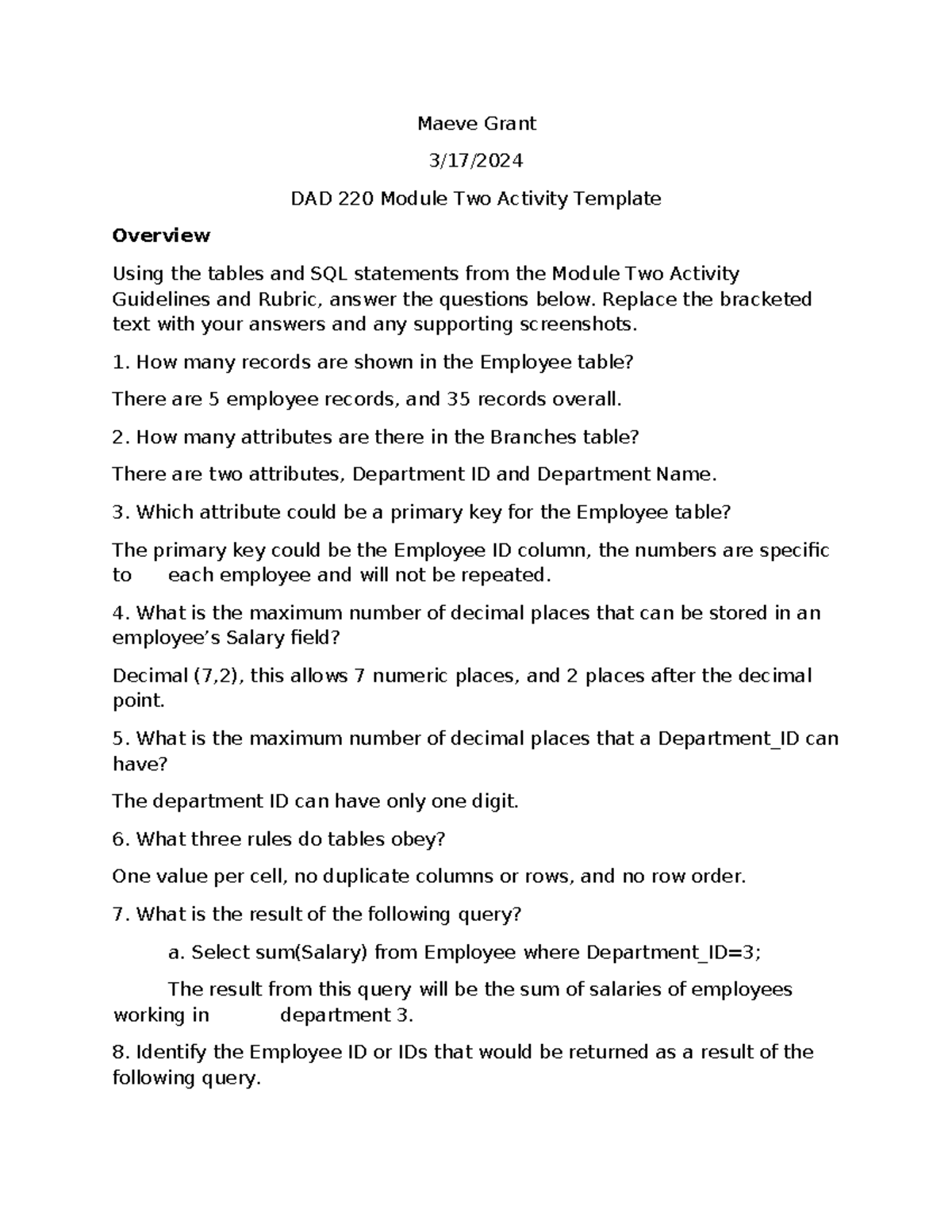 DAD 220 Module Two Activity - Replace the bracketed text with your answers and any supporting ...