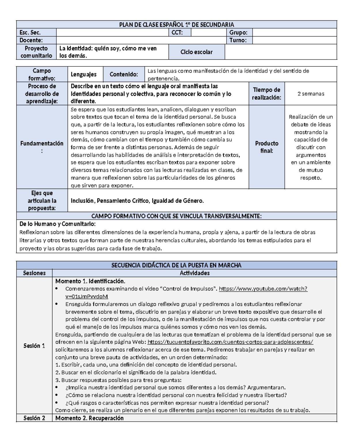 Proyecto 1. La identidad. Quién soy, cómo me ven los demás - PLAN DE ...