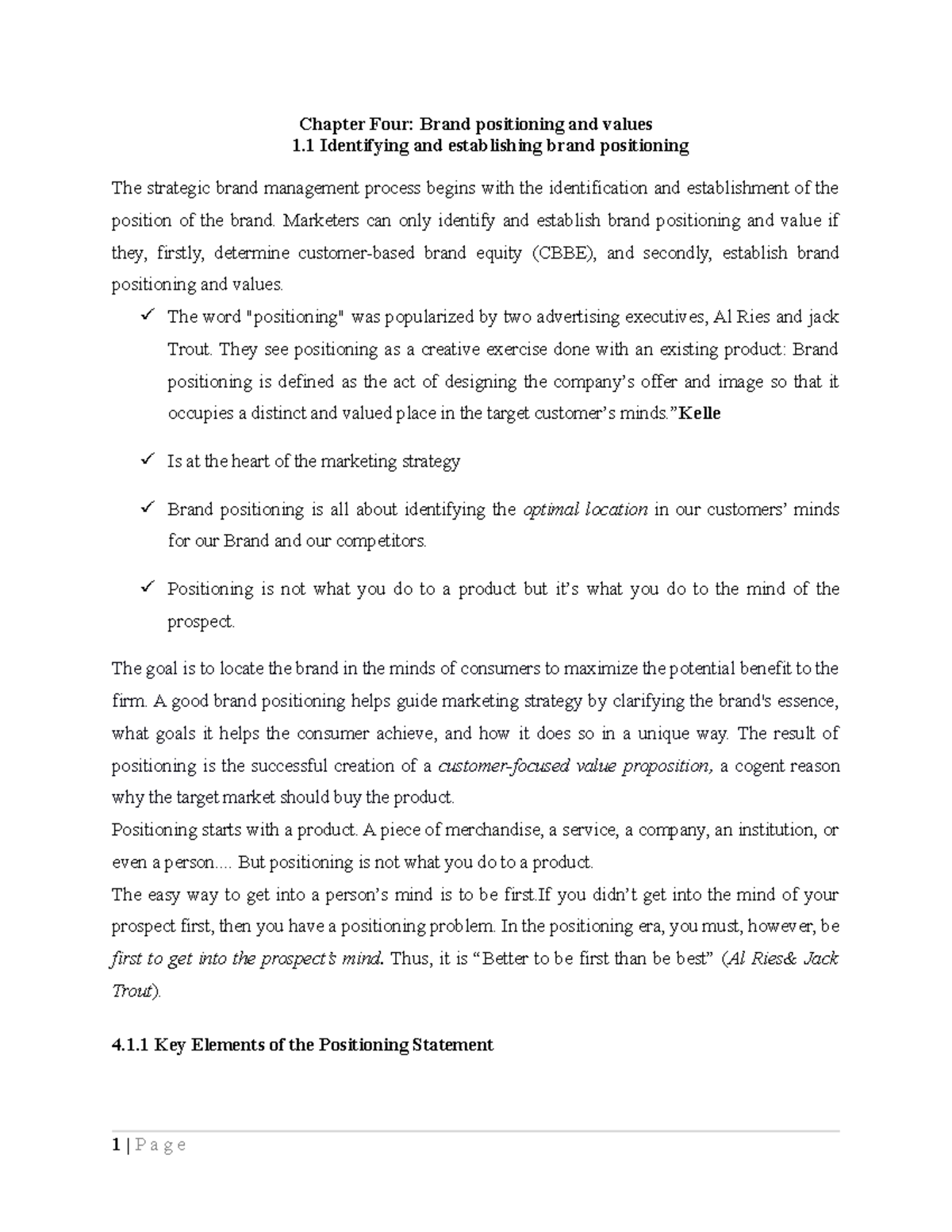 Brand 4 - USE - Chapter Four: Brand positioning and values 1 ...