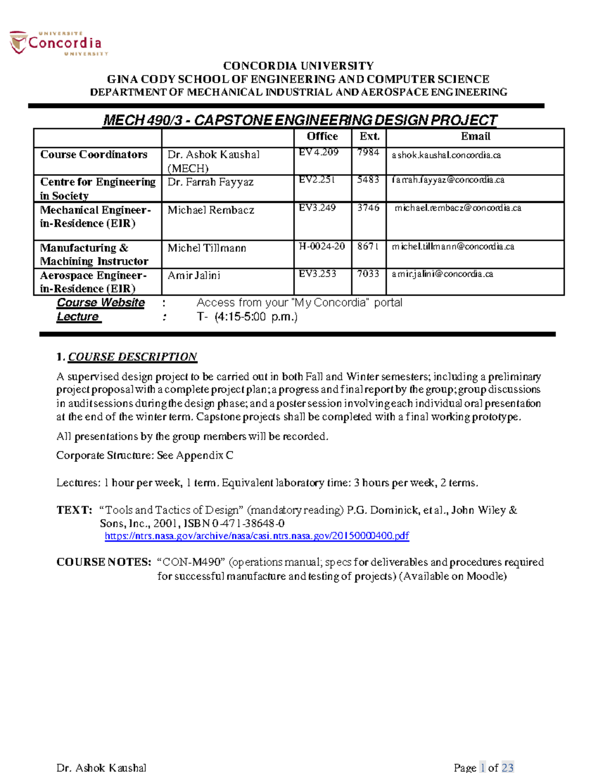 Mech 490 Course Outline 2022 2023 Concordia University Gina Cody School Of Engineering And 