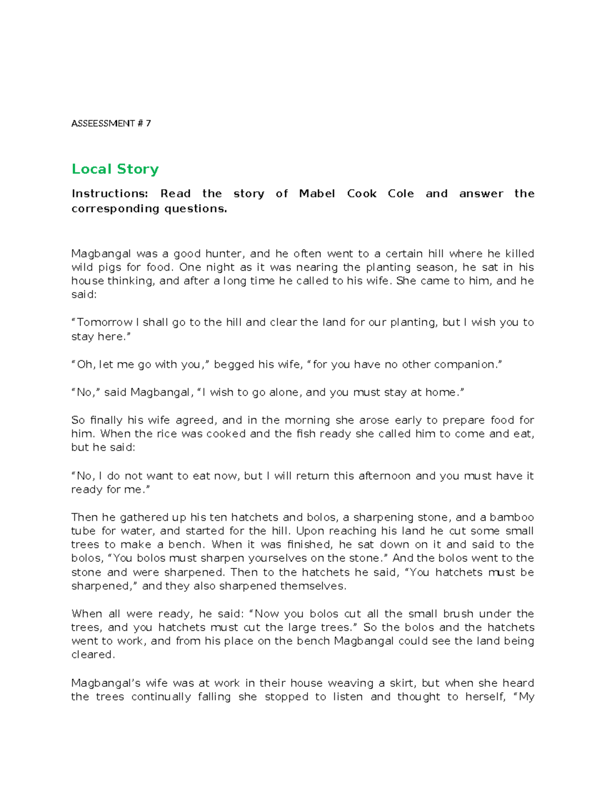 readings in Philippine history essay - ASSEESSMENT # 7 Local Story ...