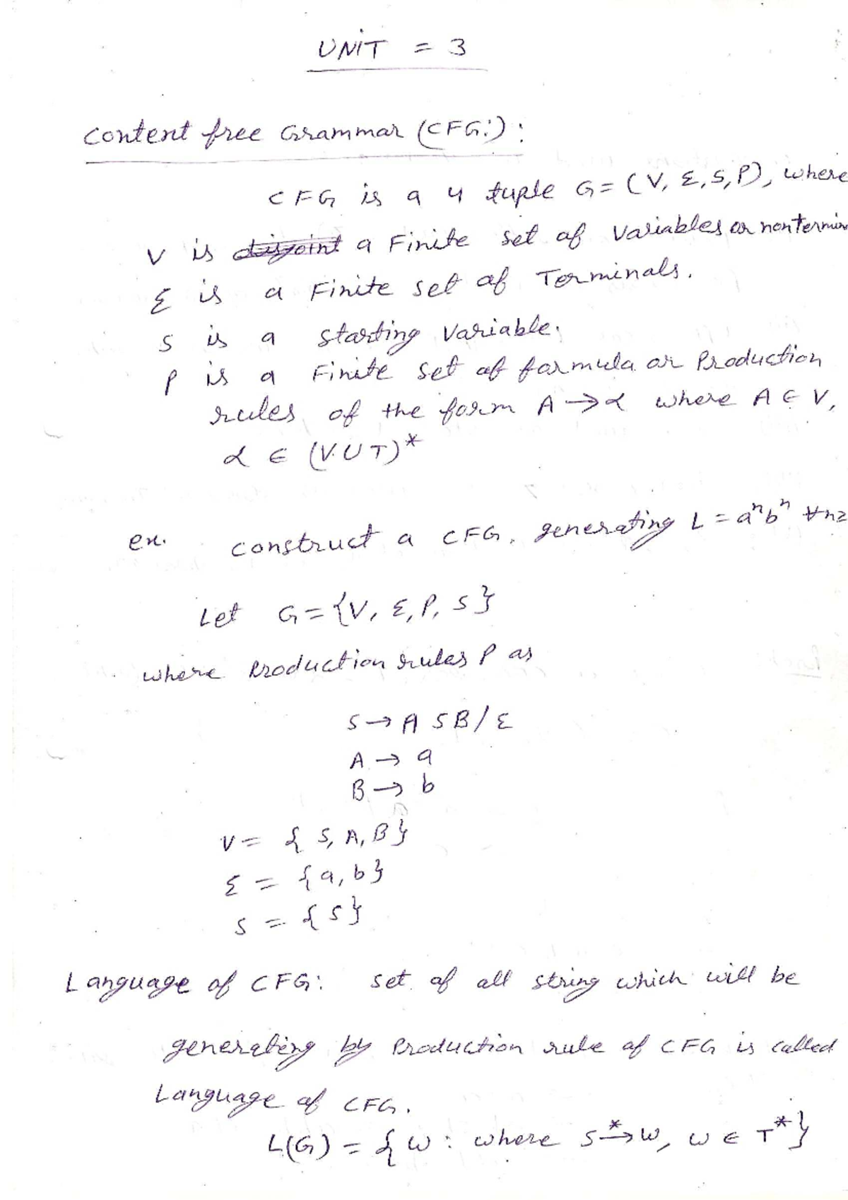 tafl Unit-3-Note - UNIT 3 content free Grammar (CFG:) : CFG is a 4 tuple CV, E,P), where V is ...