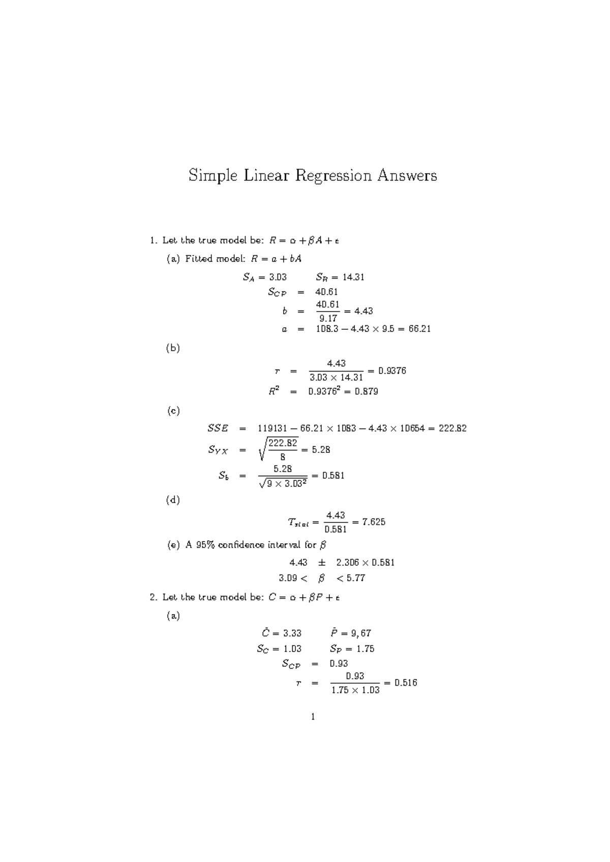 Regression ans - answer - Simple Linear Regression Answers Let the true ...