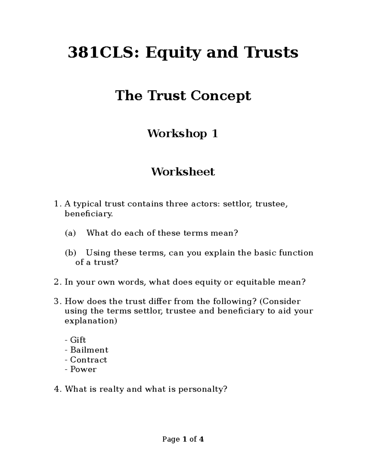 Workshop 1 - Worksheet - ET 1 - 381CLS: Equity and Trusts The Trust ...