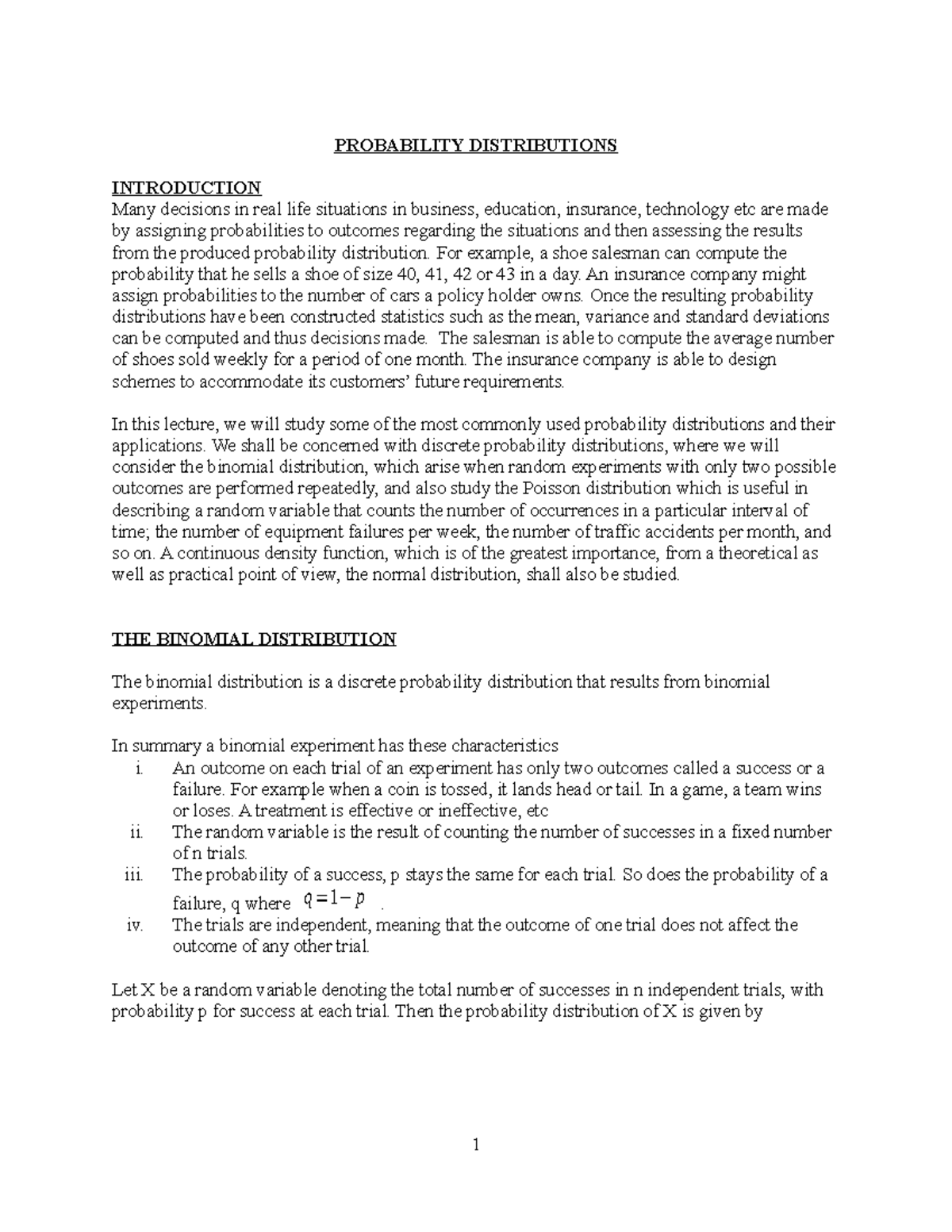 Probability Distributions - PROBABILITY DISTRIBUTIONS INTRODUCTION Many ...