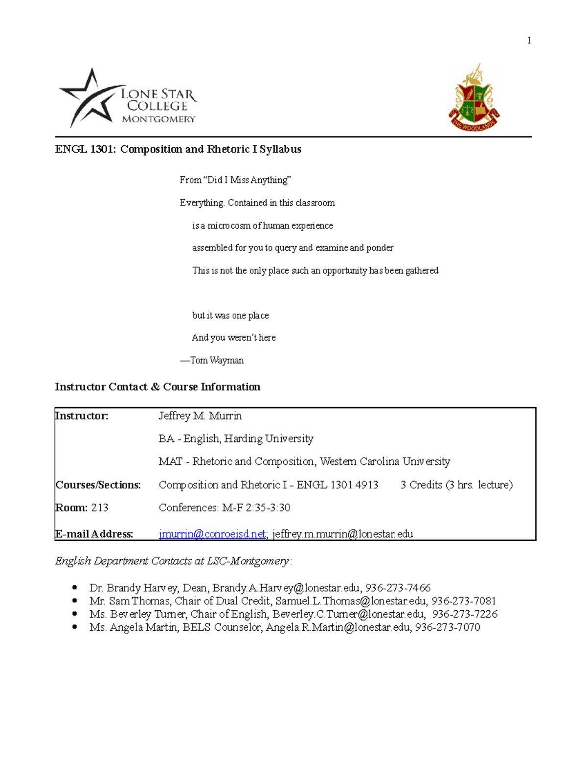 Syllabus ENGL 1301 fall 2018 - ENGL 1301: Composition and Rhetoric I ...
