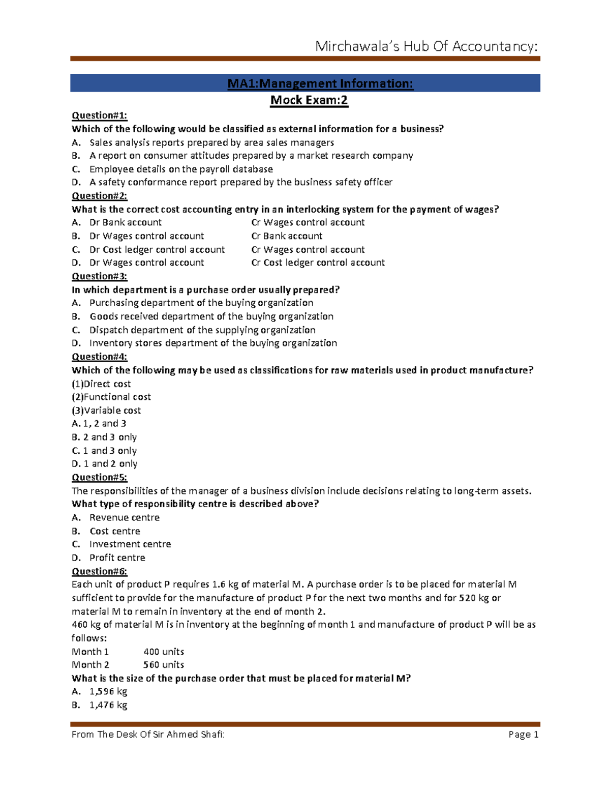 MA1 Mock Exam 2 - MA2 Mock 2 - MA1:Management Information: Mock Exam ...