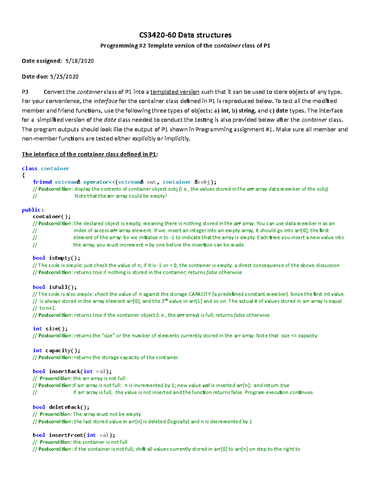 Programming #3 template version of the container class of P1 - CS3420 ...