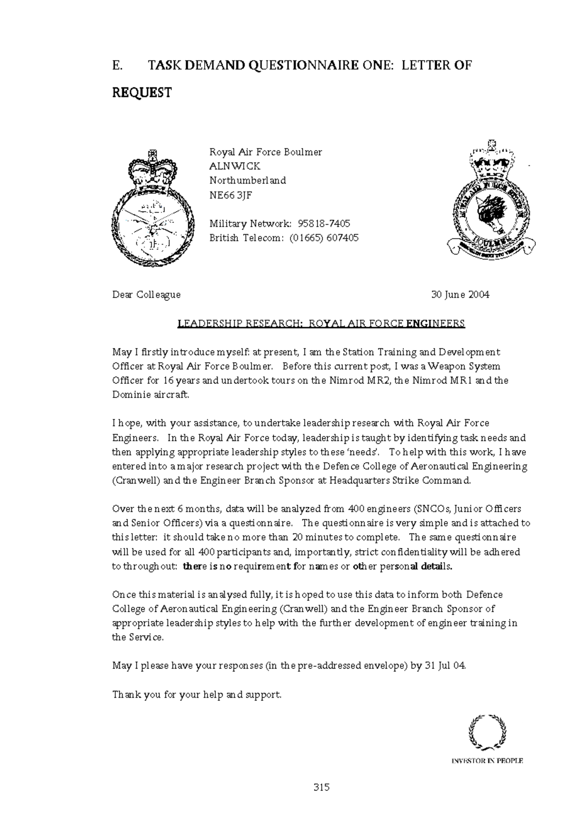 A Quantitative Market 4 - 315 E. E. TASK DEMAND QUESTIONNAIRE ONE:TASK ...