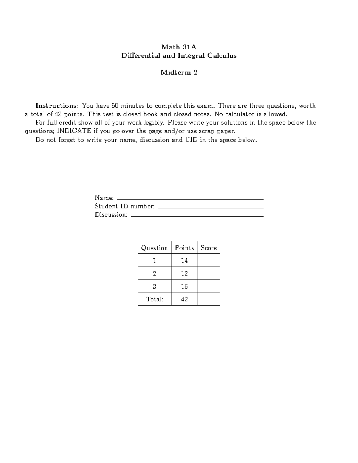Fall 2016 31A midterm 2 Andrews - Math 31A Differential and Integral Calculus Midterm 2 - Studocu