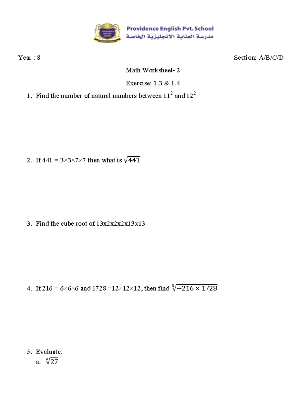 Worksheet maths - Year : 8 Section: A/B/C/D Math Worksheet- 2 Exercise ...