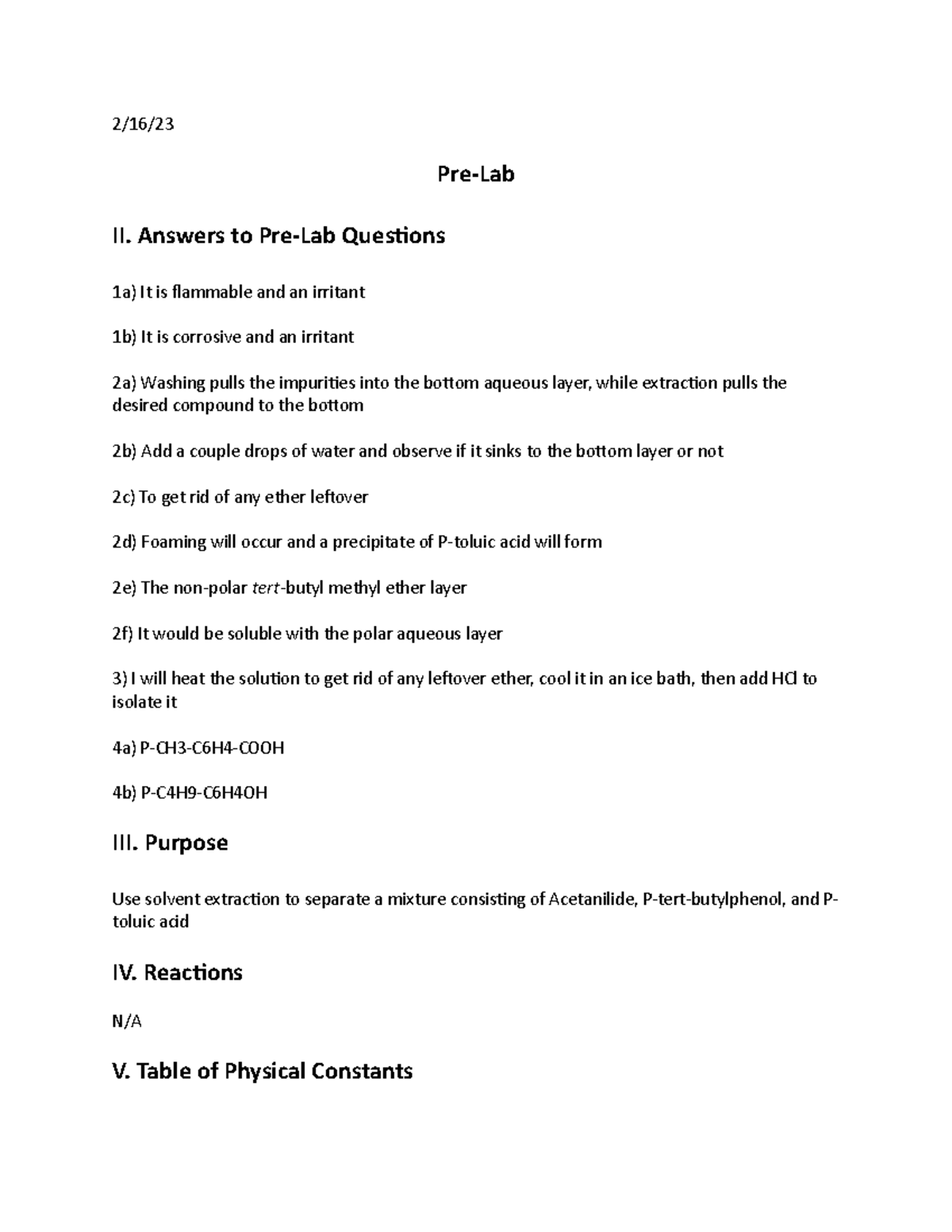 Pre Lab 4 Pre Lab 4 2 16 Pre Lab Ii Answers To Pre Lab Questions 1a It Is Flammable And
