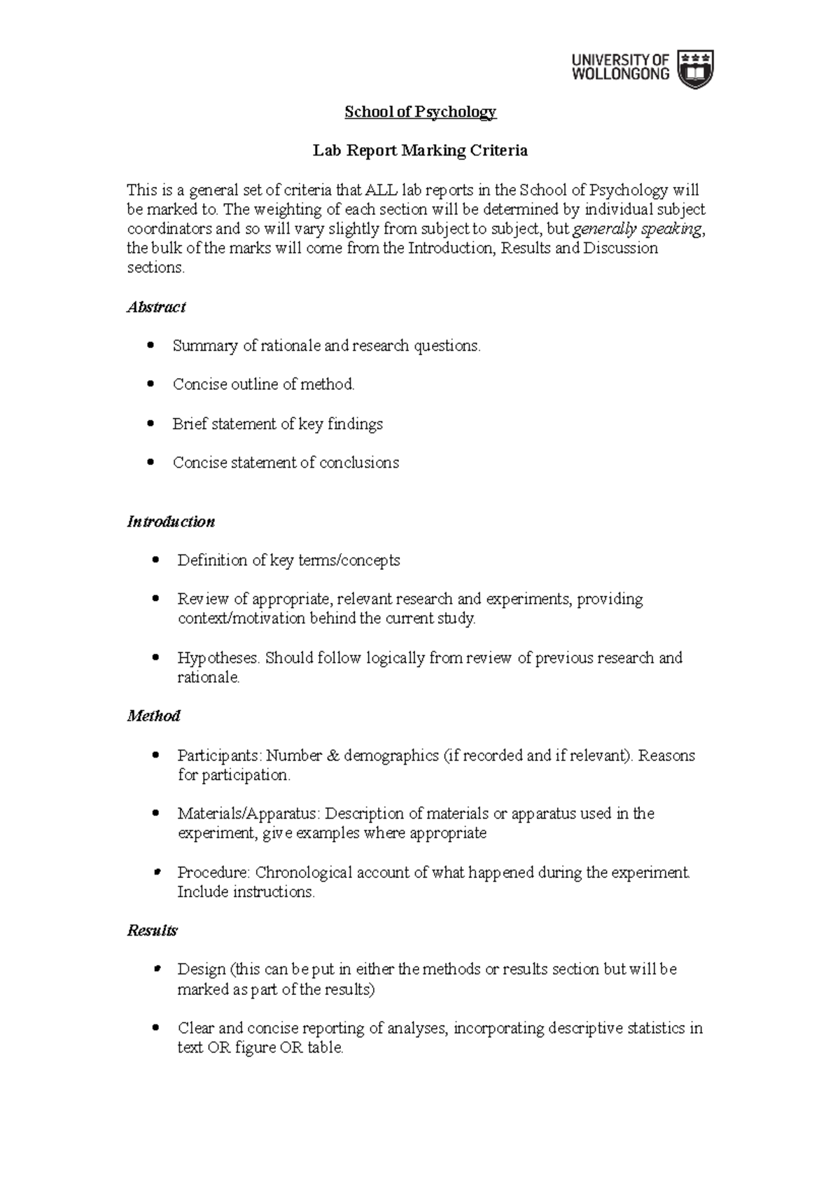 Lab report writing - work - School of Psychology Lab Report Marking ...