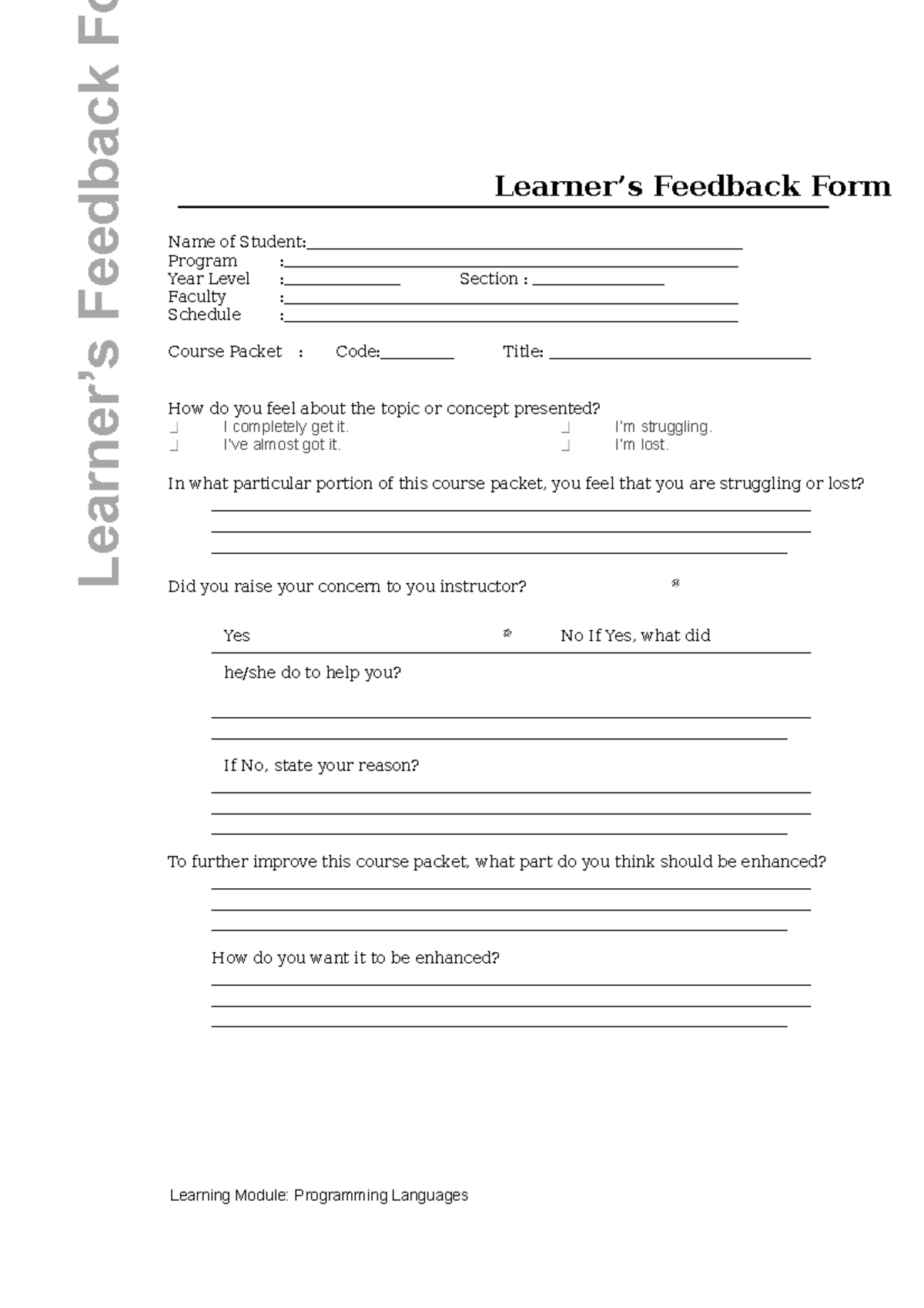 LFF - scs - Learner’s Feedback Form Name of Student: Program Year Level ...