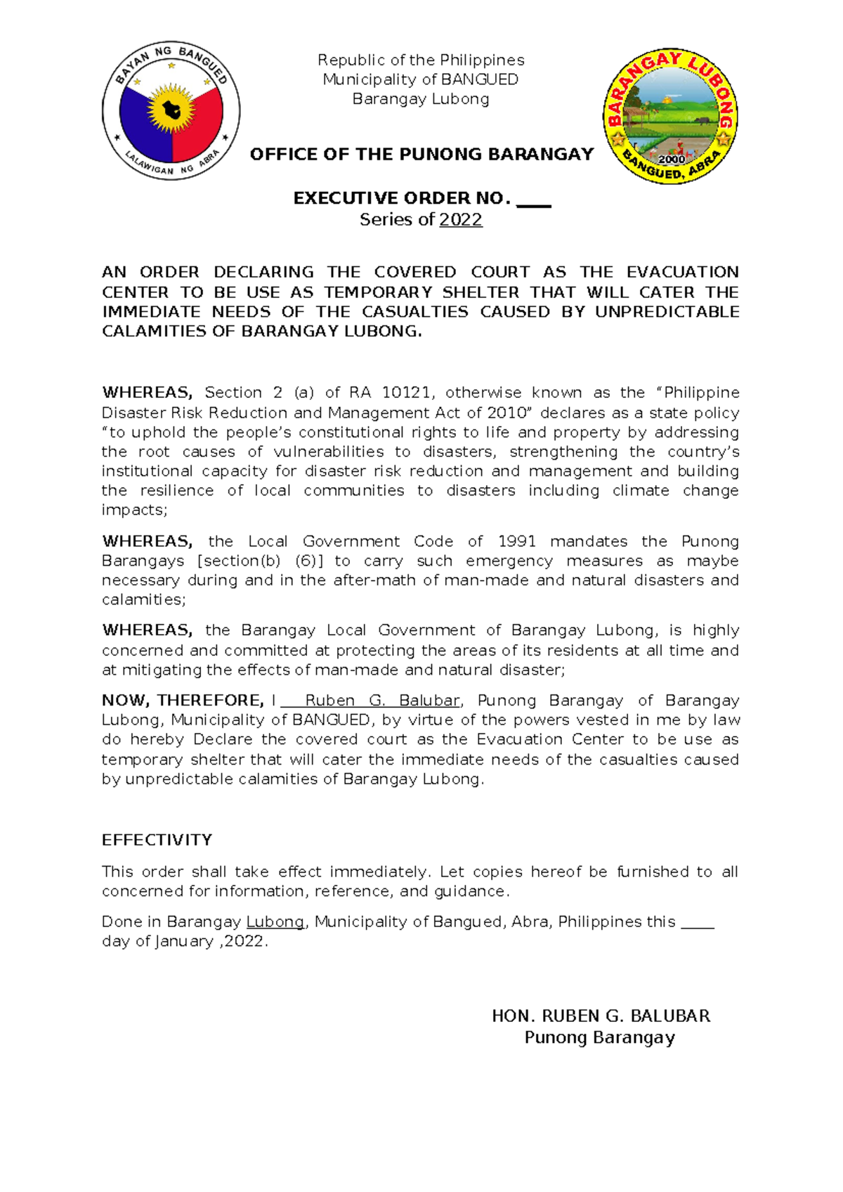 EO Designation OF Evacuation Center - Republic of the Philippines ...