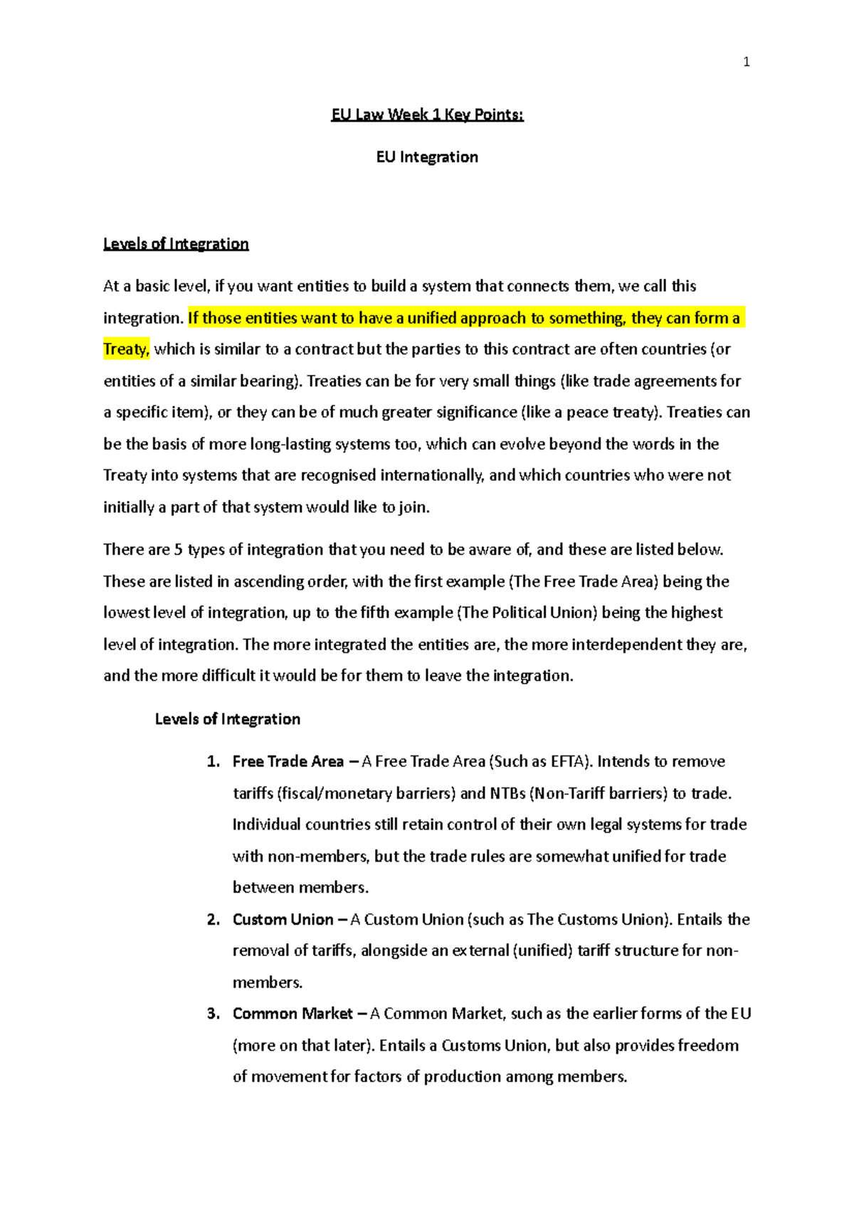 Eu law notes - european - EU Law Week 1 Key Points: EU Integration ...