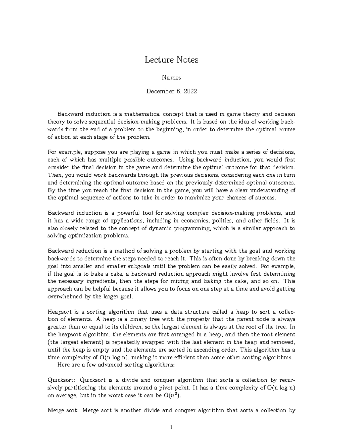 Algo 60 Backward Induction Lecture Notes Names December 6 2022 Backward Induction Is A