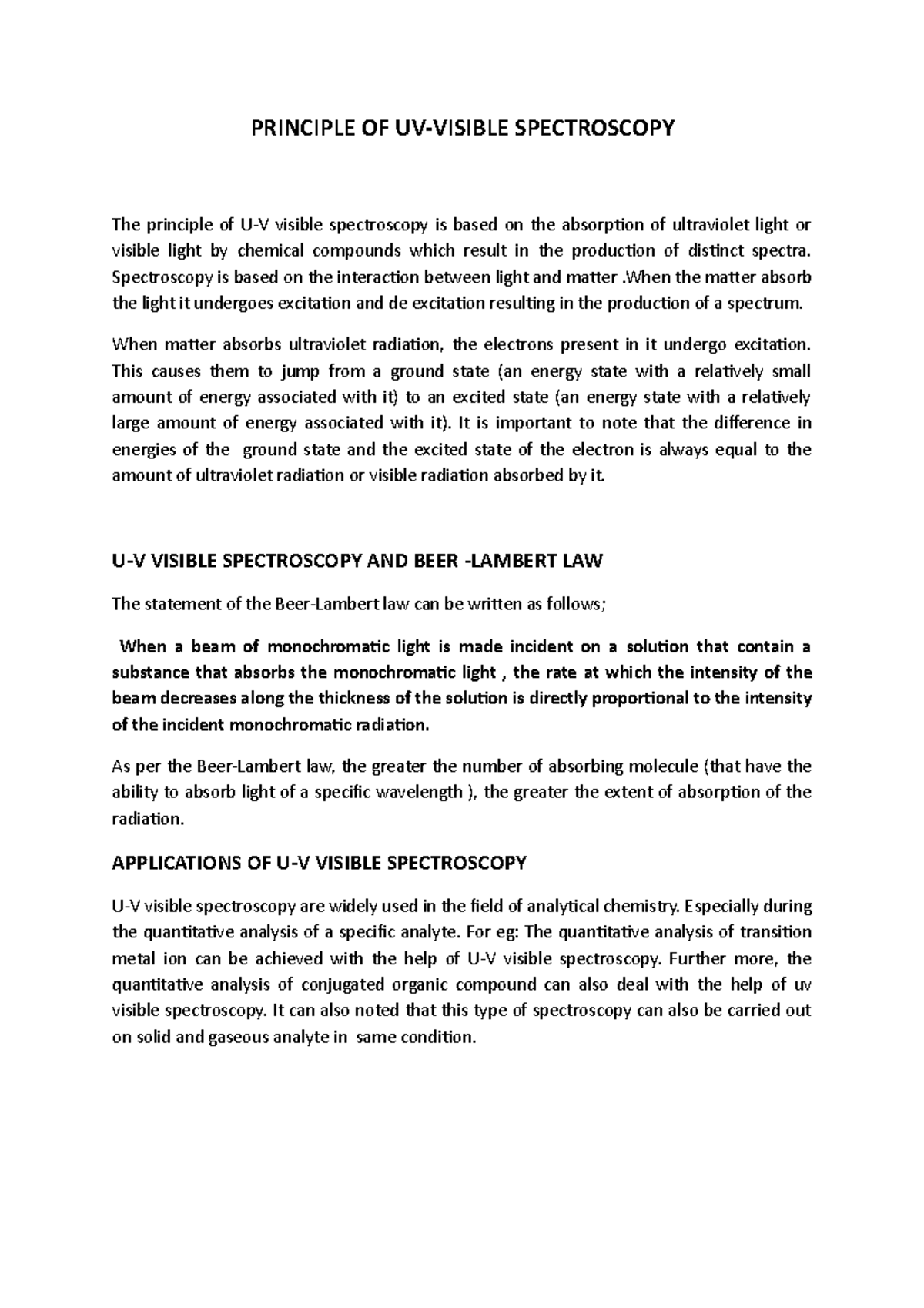 Principle OF UV - Lecture notes - PRINCIPLE OF UV-VISIBLE SPECTROSCOPY ...