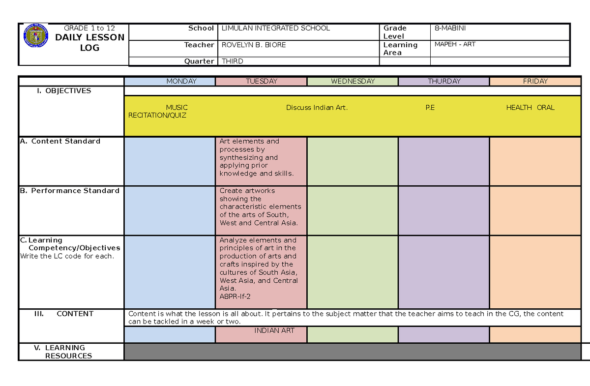 DAILY LESSON LOG - GRADE 1 to 12 DAILY LESSON LOG School LIMULAN ...