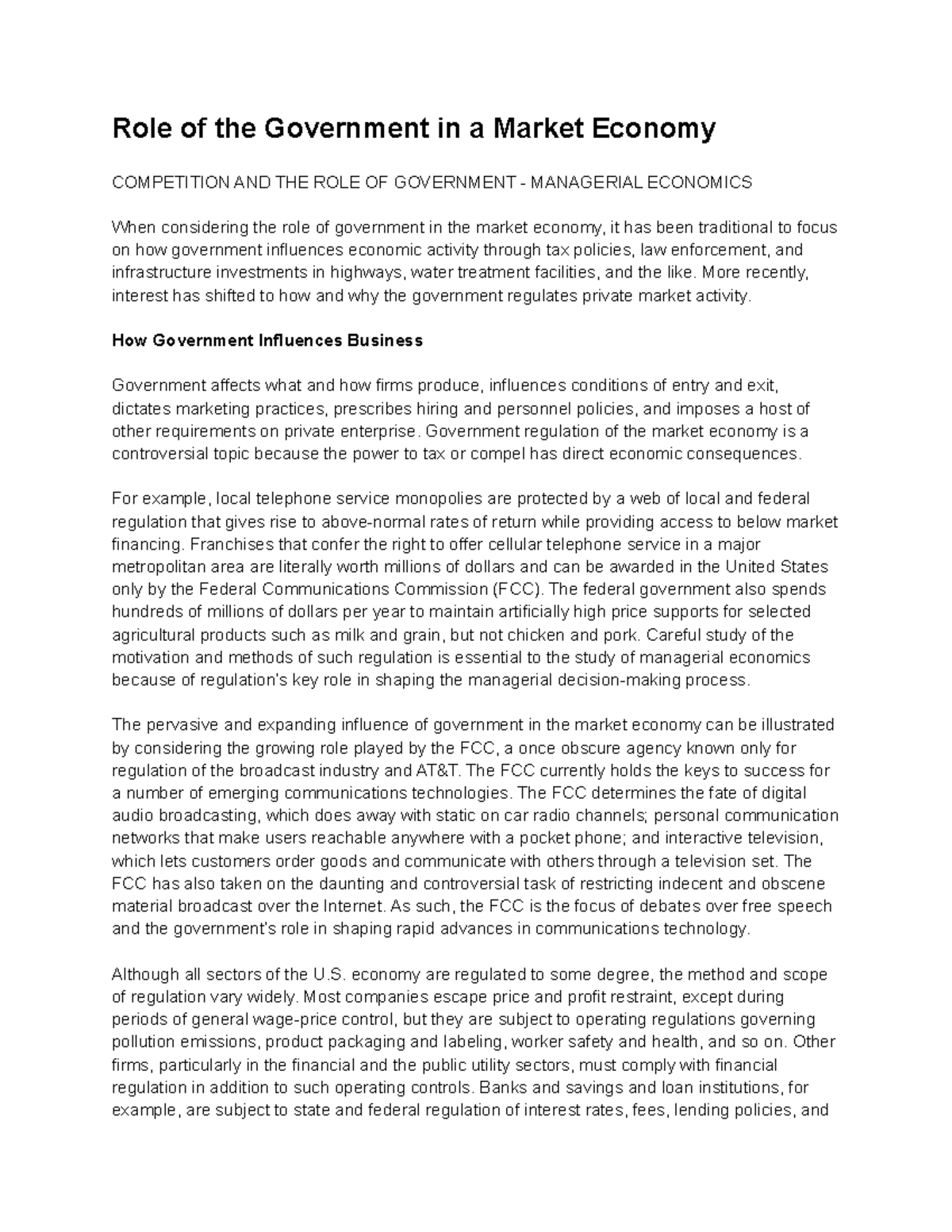 Competion and the role of the government - Role of the Government in a ...