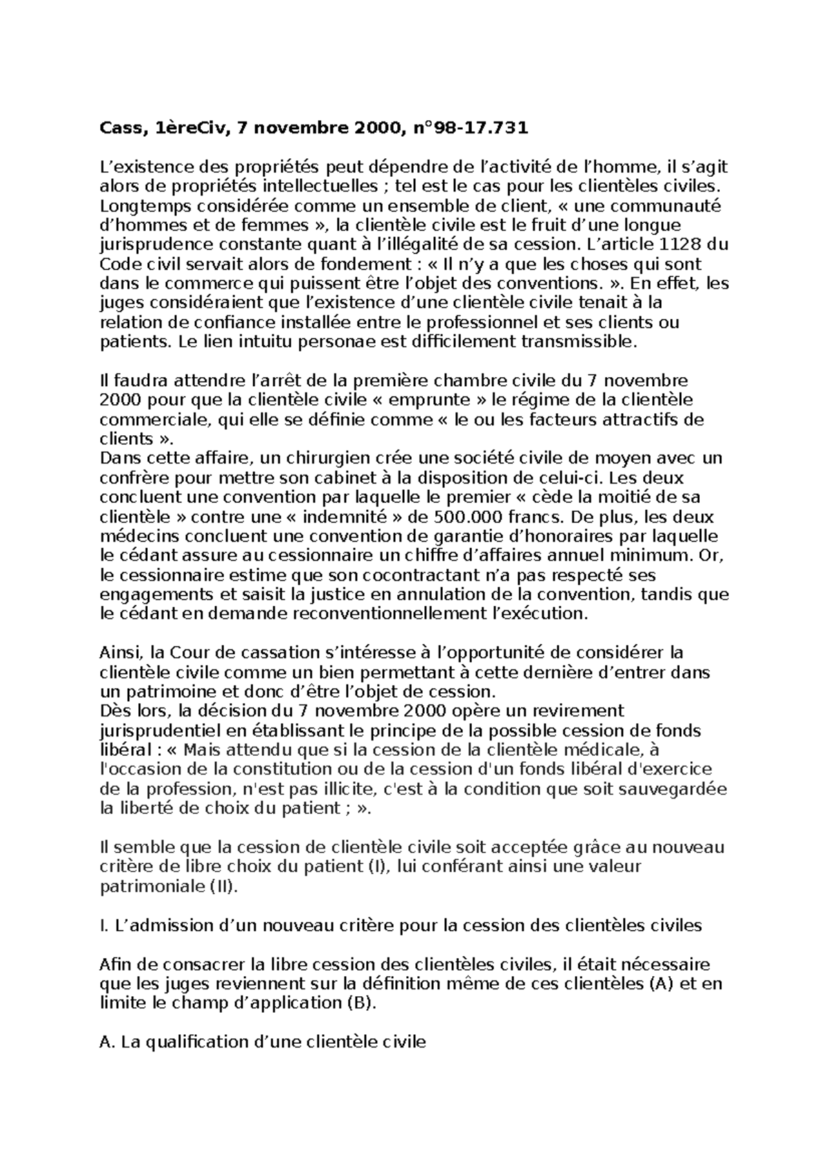 Cass, 1ère Civ, 7 novembre 2000 , n°98-17.731 - Cass, 7 novembre des ...