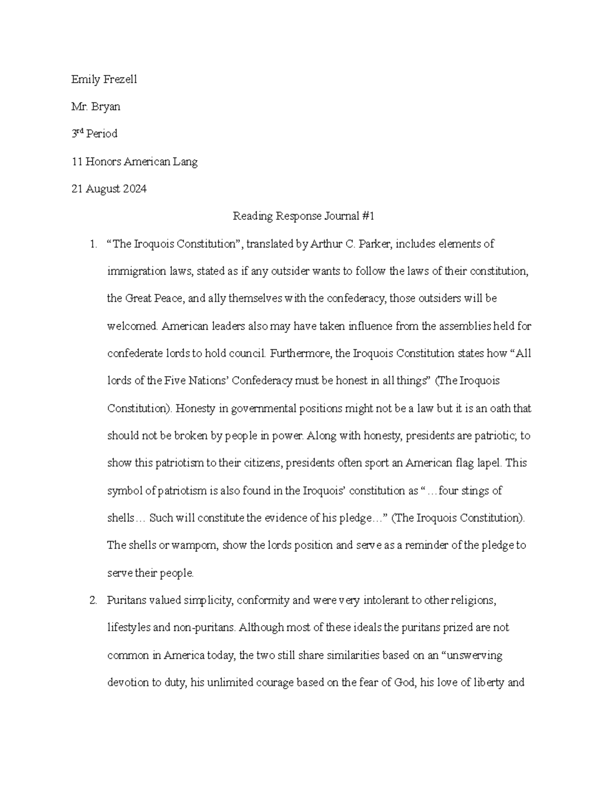 11H - Reading Response #1 - Emily Frezell Mr. Bryan 3 rd Period 11 ...